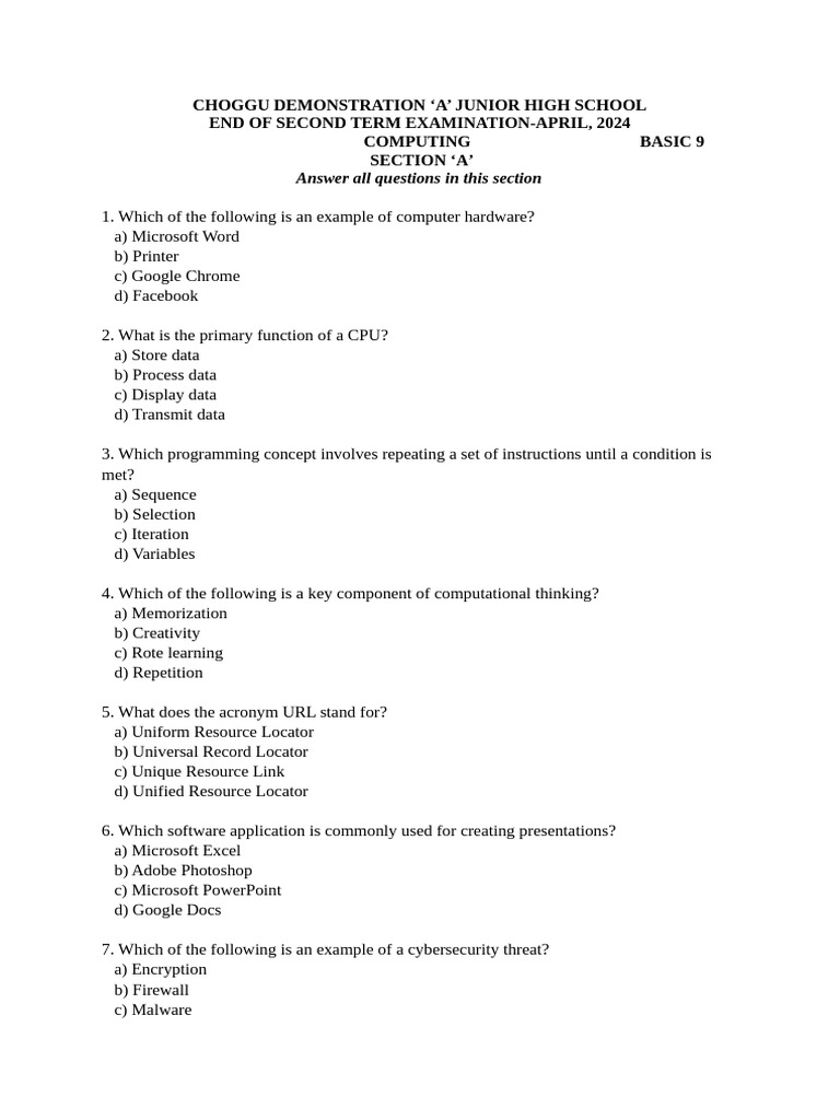 Basic 9 Computing Exam Questions | PDF | Internet | Computer File