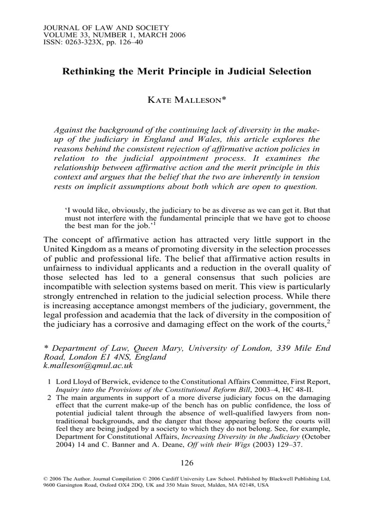 Merit Principle in Judicial Selection, Malleson | PDF
