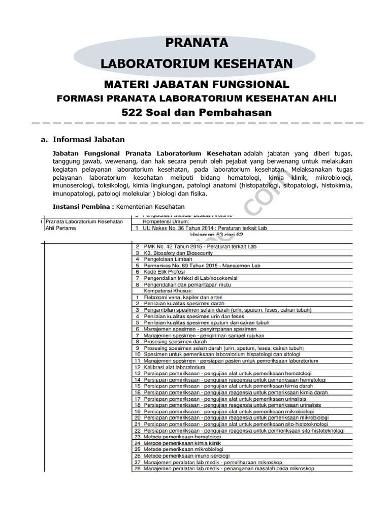 Pranata Lab Kesehatan Ahli Contoh Soal Teknis | PDF