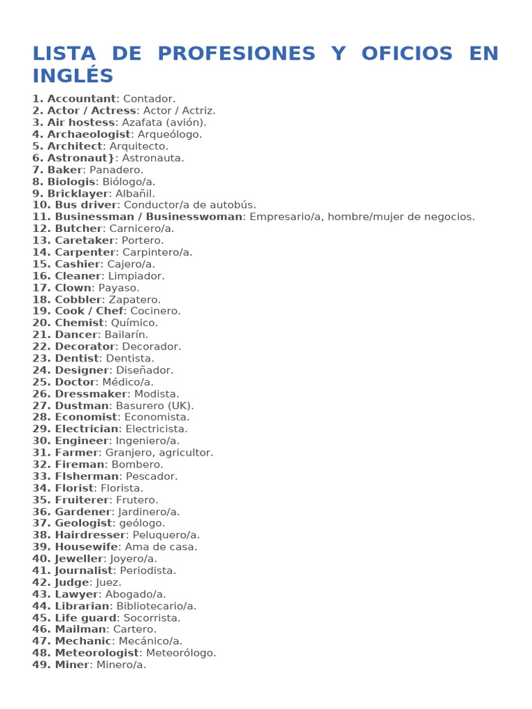 Lista de Profesiones y Oficios en Inglés | PDF