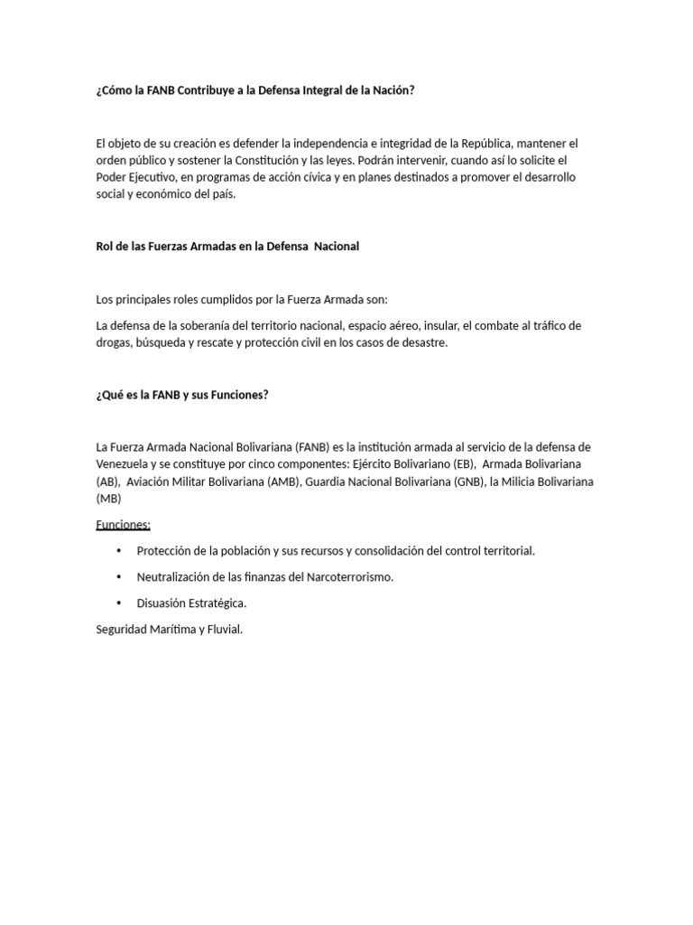 Cómo La FANB Contribuye A La Defensa Integral de La Nación | PDF