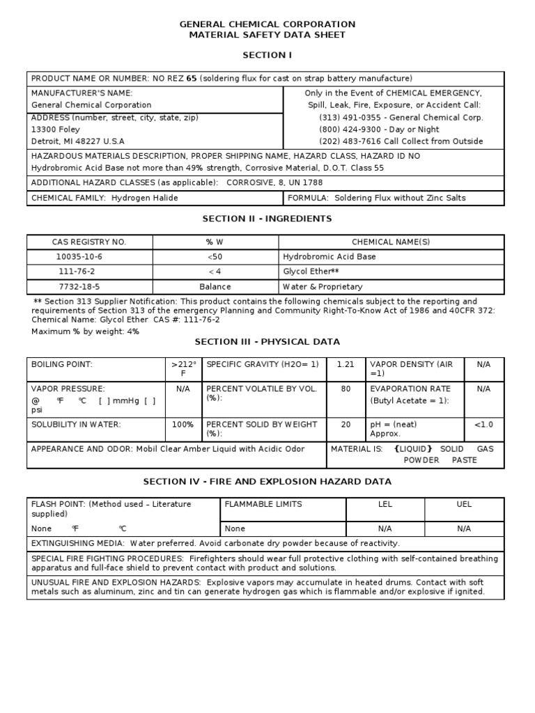 General Chemical Corporation Material Safety Data Sheet Section I | PDF ...