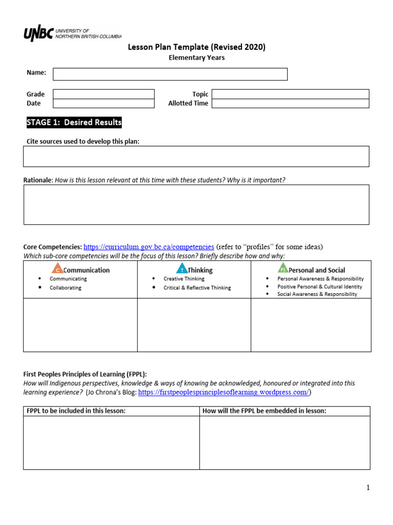 UNBC Lesson Plan Template EY 2020 2 | PDF | Curriculum | Educational ...