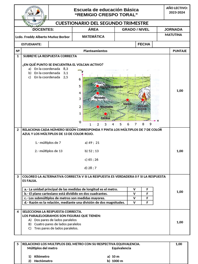 Cuestionario 2° Trimestre 6to y 7mo Grado | PDF