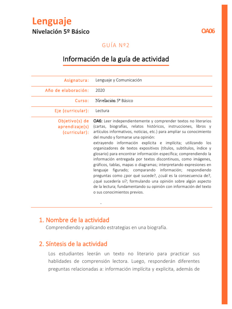 OA 6 guía 2 nivelación 5° | PDF