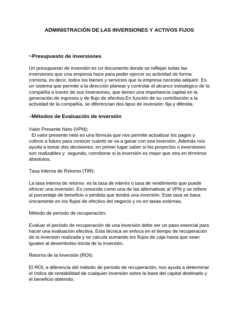 Administración de Las Inversiones y Activos Fijos | PDF