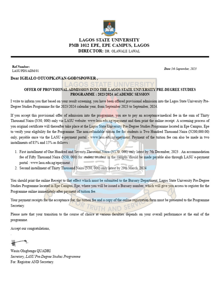 Admission Letter For Pre-Degree Studies (PDS) Pro | PDF