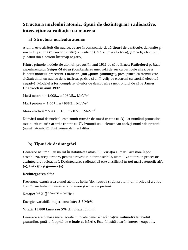 1 (3) Structura Nucleului Atomic, Tipuri de Dezintegrări Radioactive ...