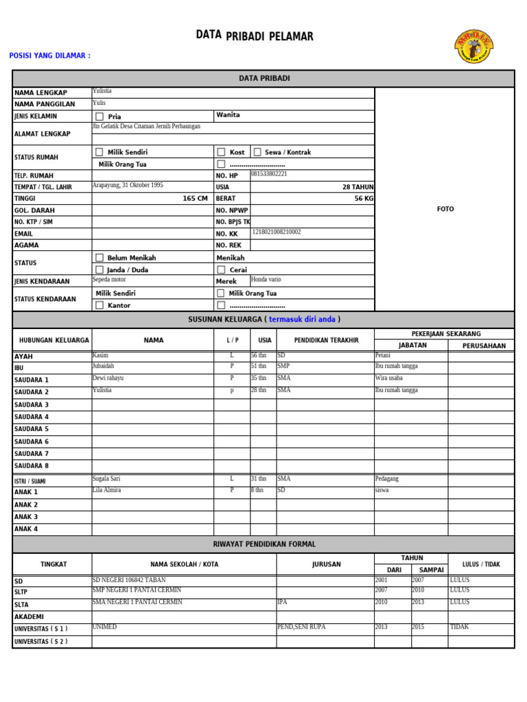 Form Data Diri Pelamar - Store | PDF