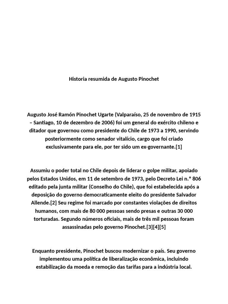 História Resumida de Augusto Pinochet | PDF | Augusto Pinochet | Chile