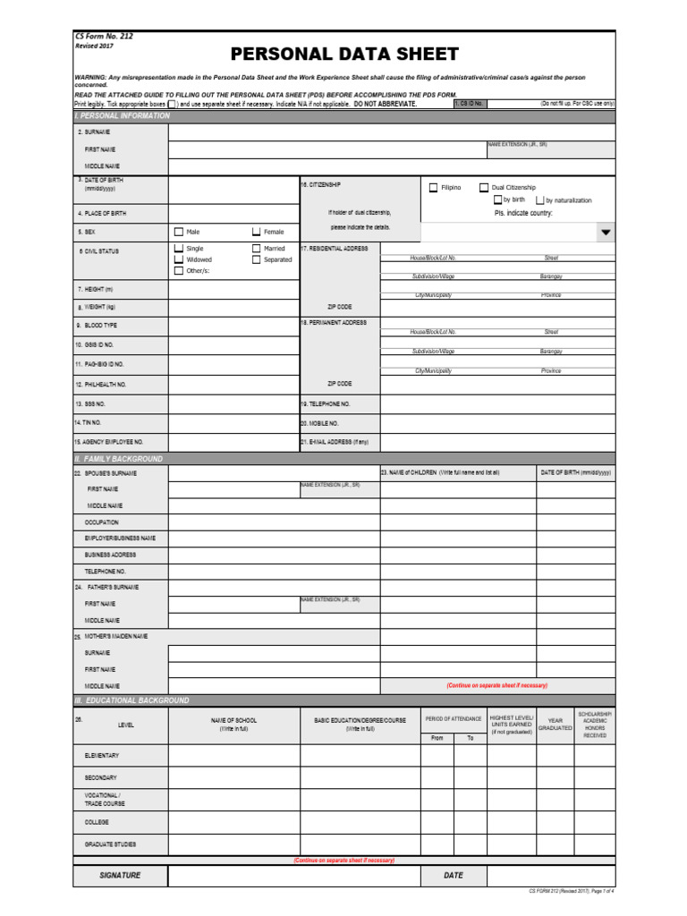 CS Form No. 212 Personal Data Sheet Revised | PDF