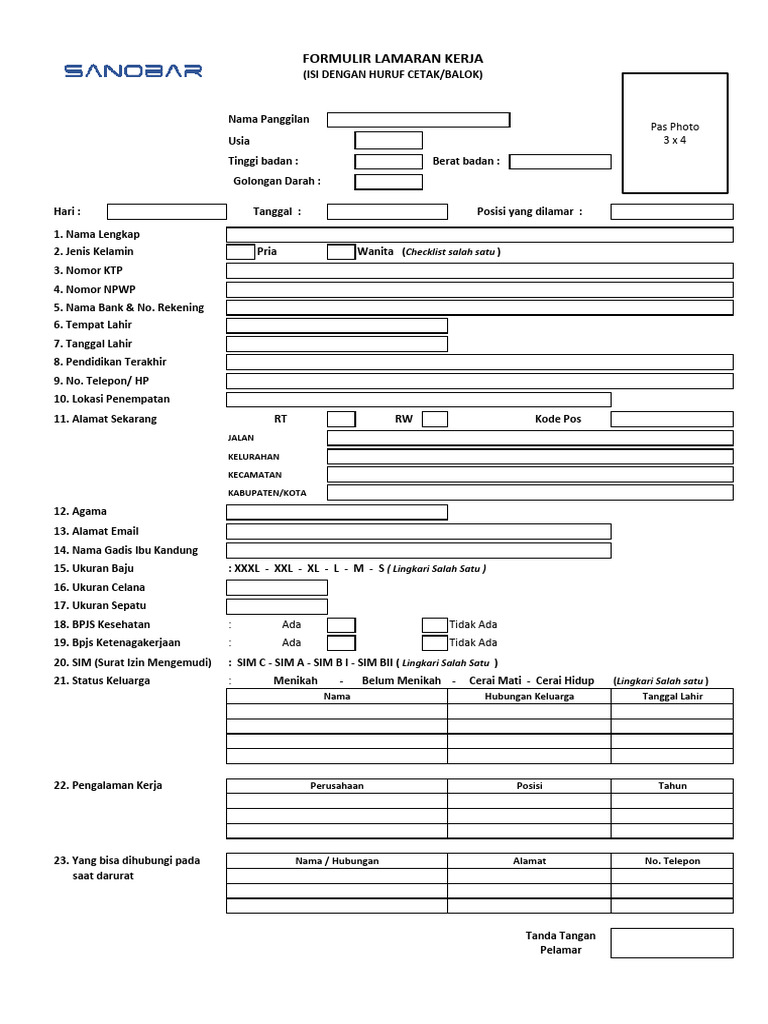 Form Lamaran Kerja Sanobar | PDF