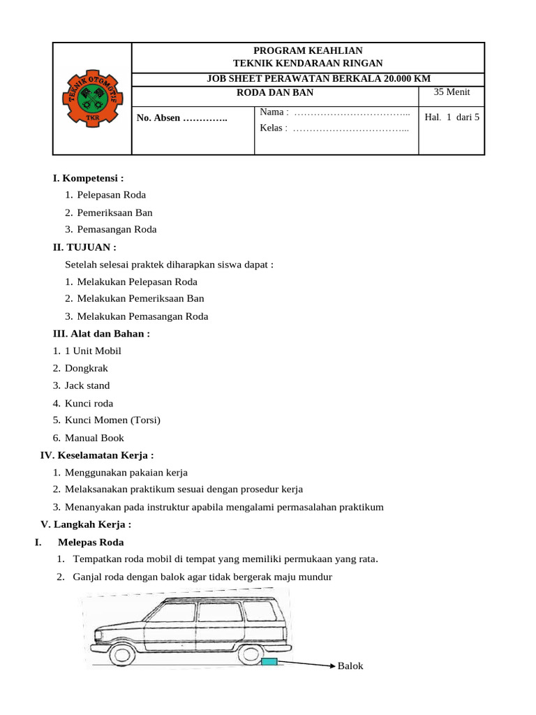 Jobsheet-Melepas-Roda-Dan-Pemeriksaan-Ban X TKR 3 | PDF