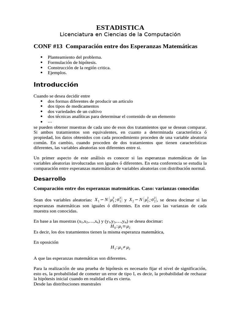 0 UPP EST CONF #13 Comparación Entre Dos Esperanzas Matemáticas | PDF
