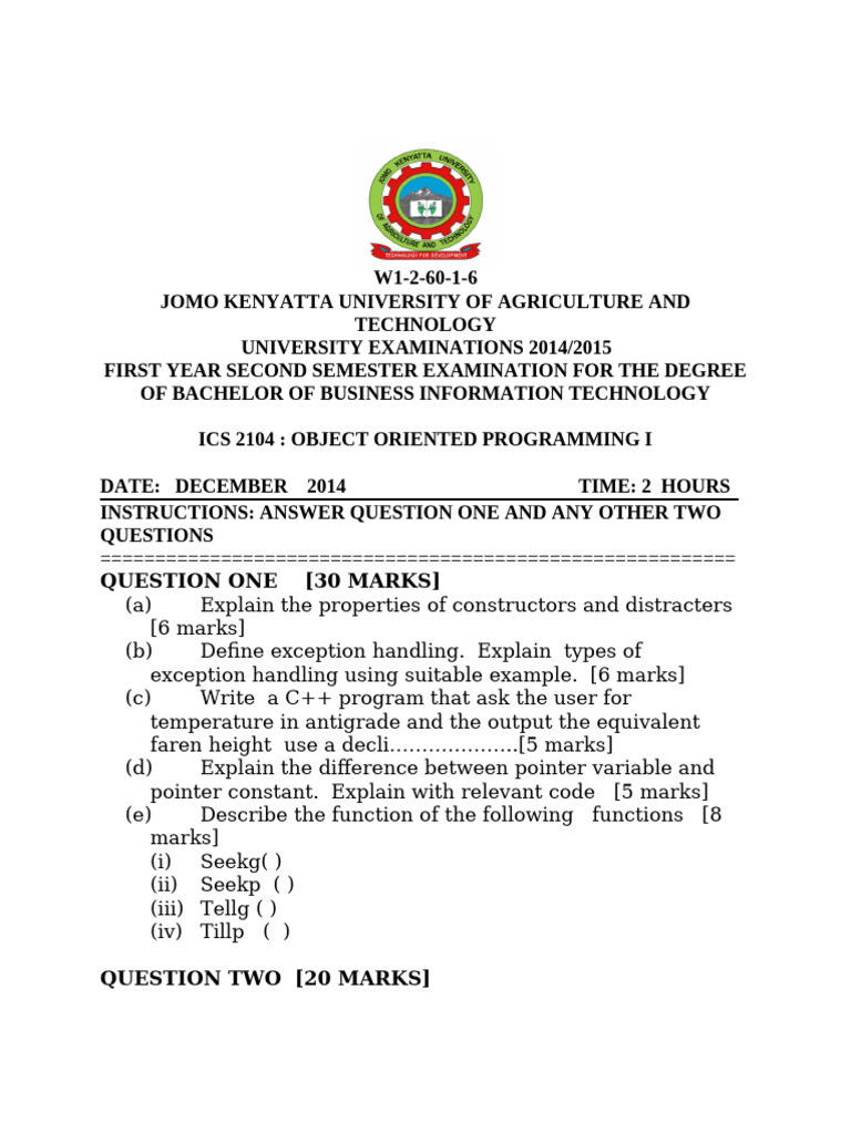 Ics 2104 Object Oriented Programming I | PDF | C++ | Teaching Methods & Materials