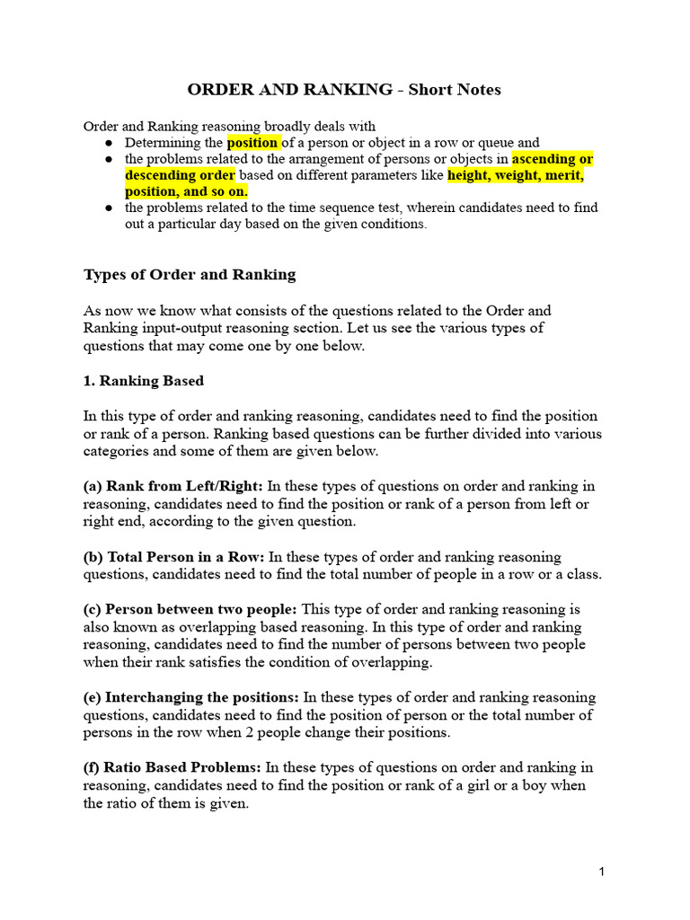 Order and Ranking - Short Notes | PDF | Applied Mathematics | Mathematics