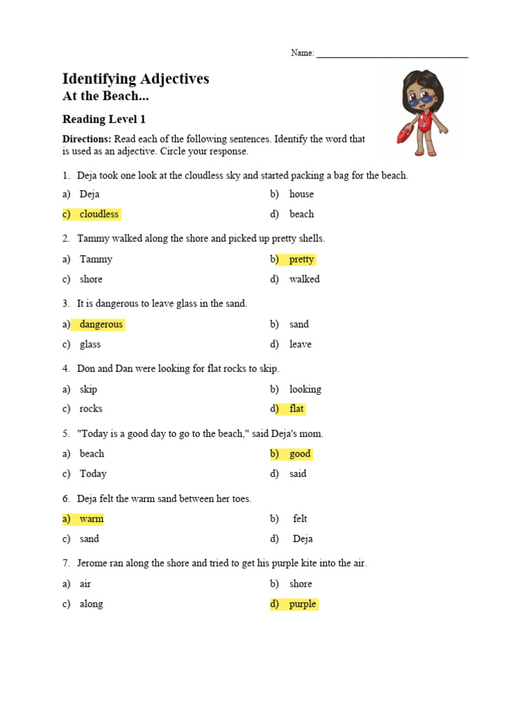 Identifying Adjectives Worksheet Reading Level 01 | PDF