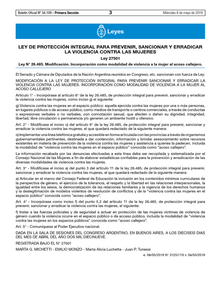Ley 26485 (2019) Acoso Callejero | PDF