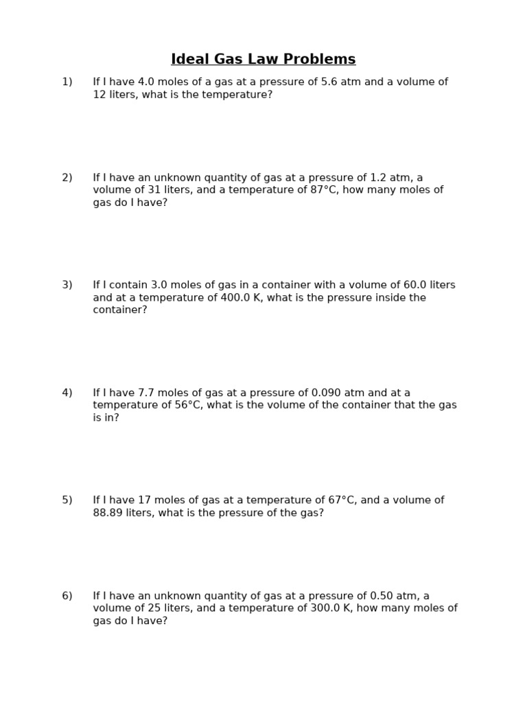 Ideal Gas Law Worksheet | PDF