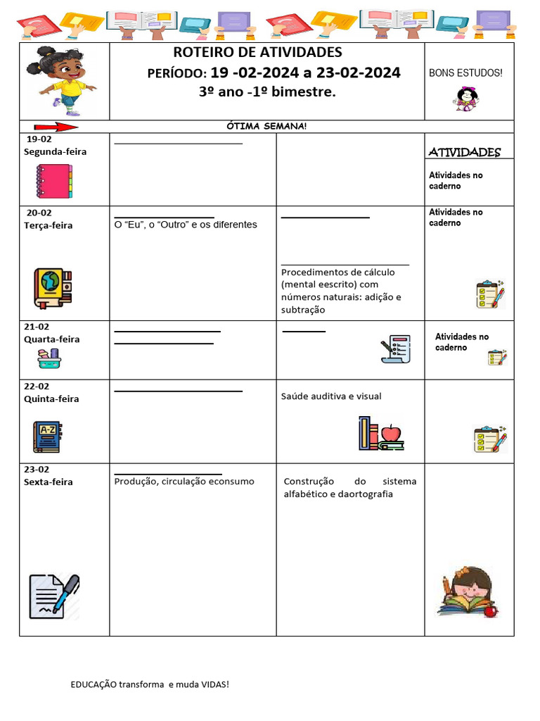 3º Ano - 3º Roteiro Semanal 2024 - Marcya Filizola | PDF