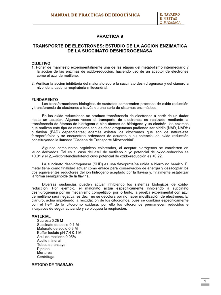 PRACTICA 9. Transporte de Electrones | PDF