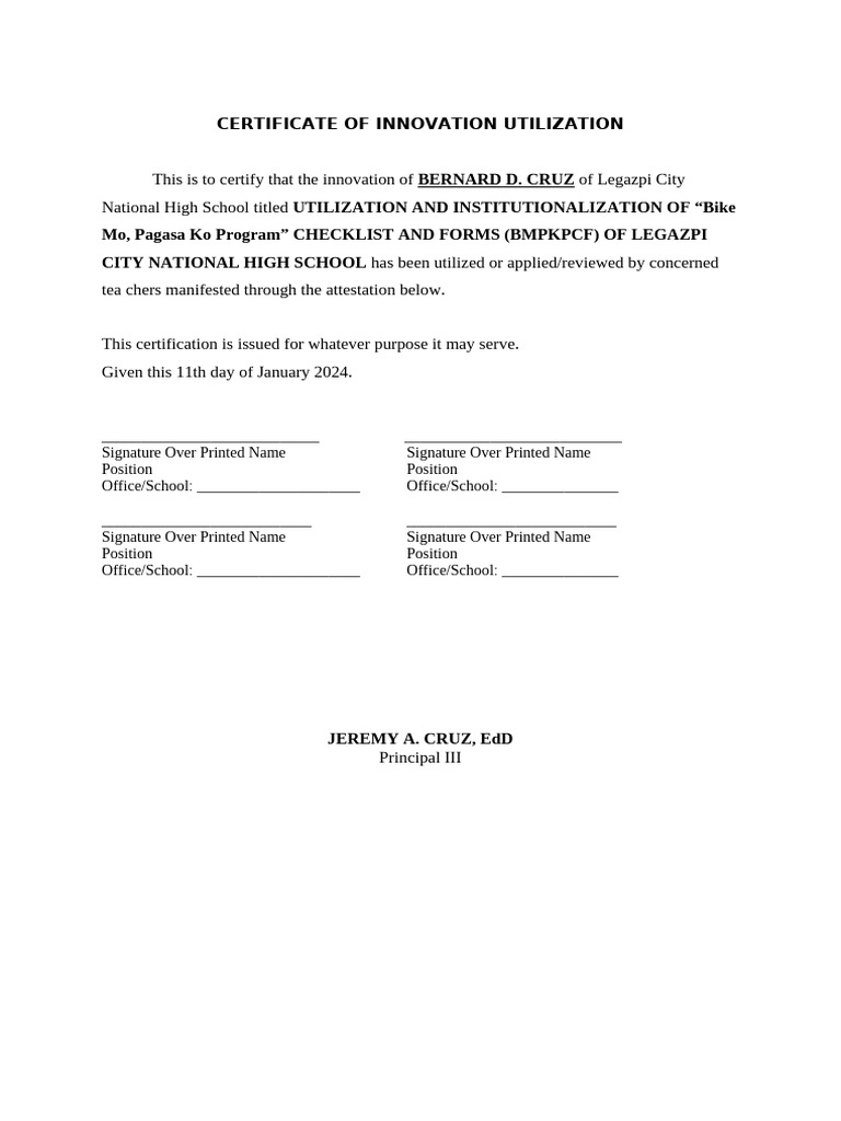 Certificate Of Innovation Utilization Pdf