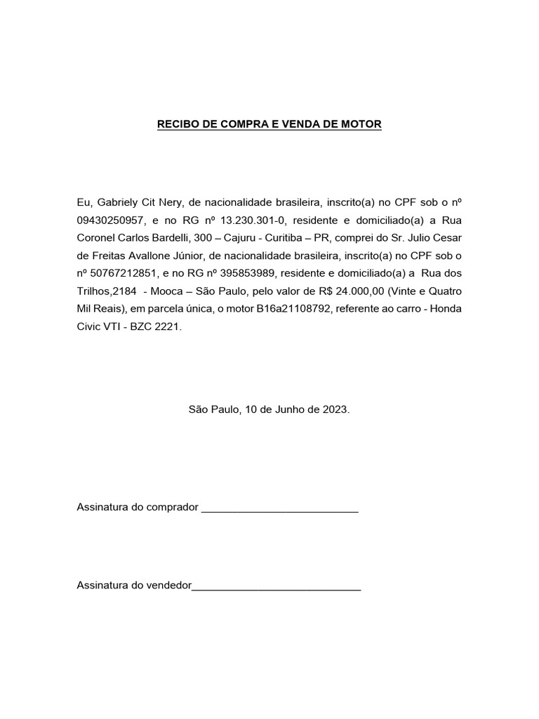 Recibo de Compra e Venda Do Motor Julio-1 | PDF