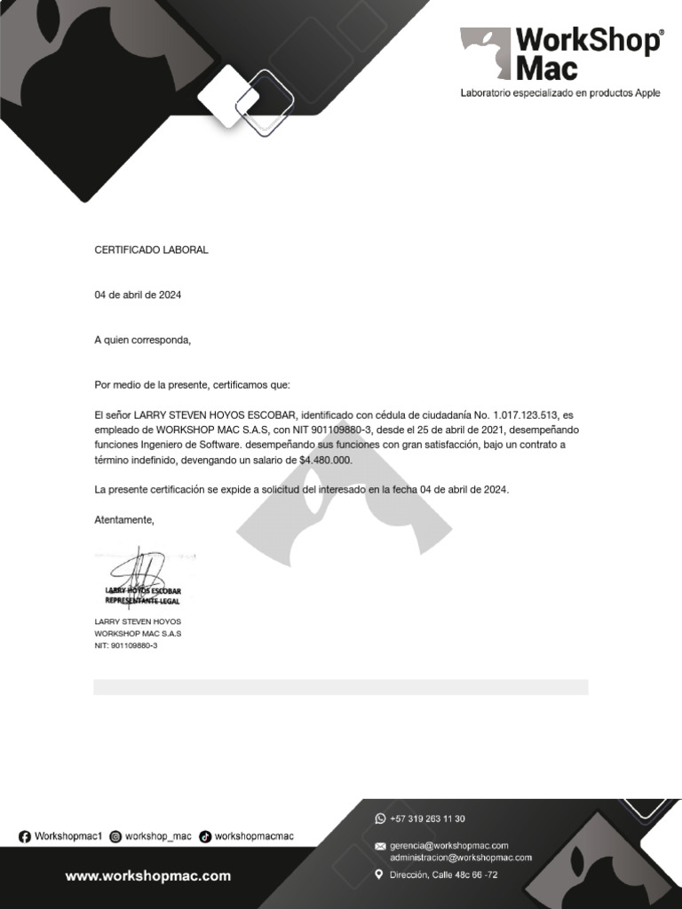 Carta Laboral Larry Steven Hoyos Escobar | PDF