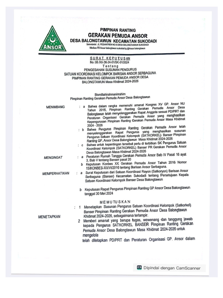 SK Sosmas Dan Kwitansi Iuran Gedung Ansor | PDF