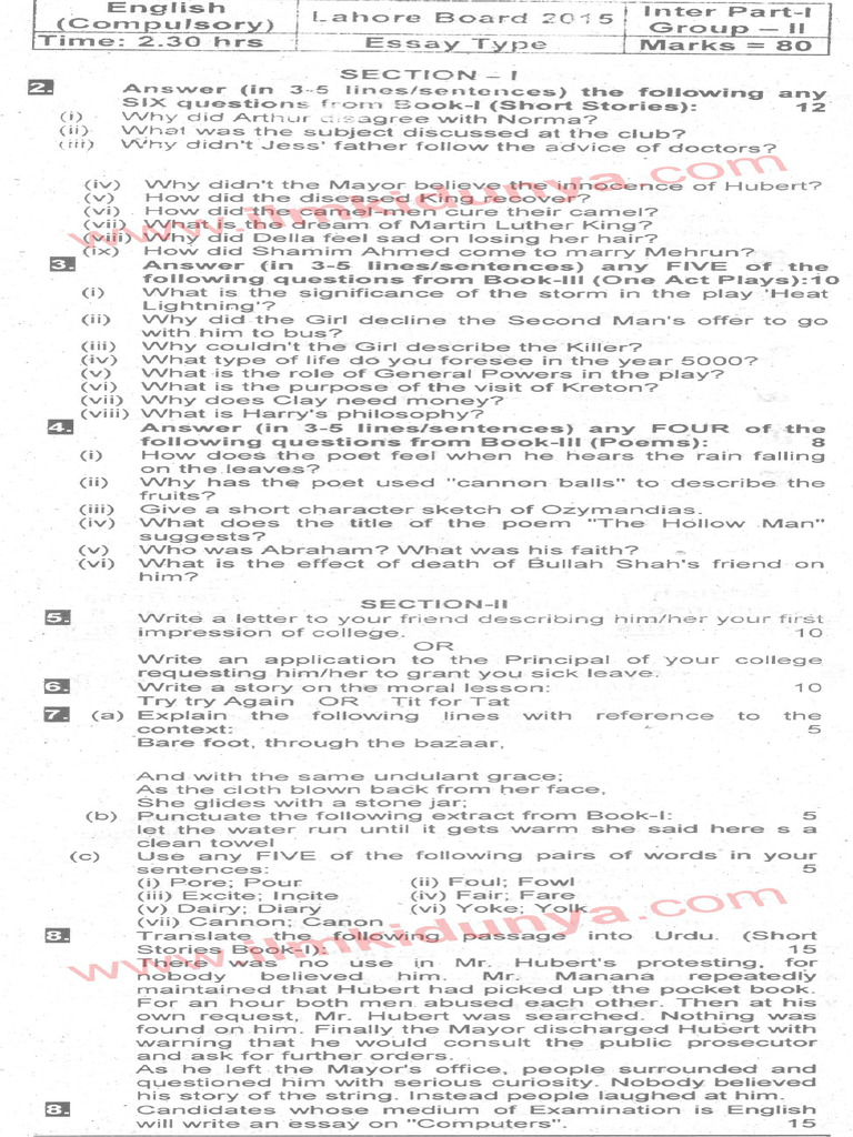 Past Papers Lahore Board 2015 Inter Part 1 English Subjective Group 2 | PDF