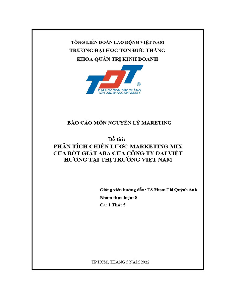 BÁO CÁO CUỐI KỲ NLM 2 - Phân Tích Chiến Lược Marketing Mix Của Bột Giặt Aba | PDF