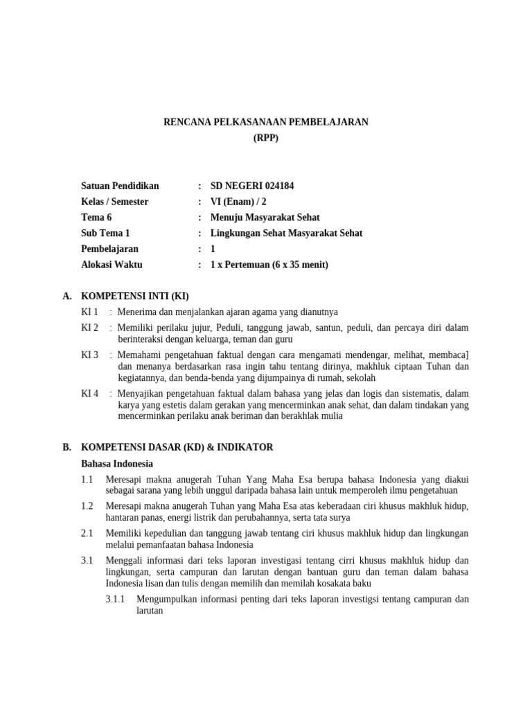 RPP Kelas VI Tema 6 - Semester 2 | PDF