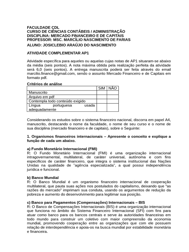 Josiclebio Araújo Do Nascimento - Atividade Complementar Mercado Financeiro e de Capitais AP1 | PDF