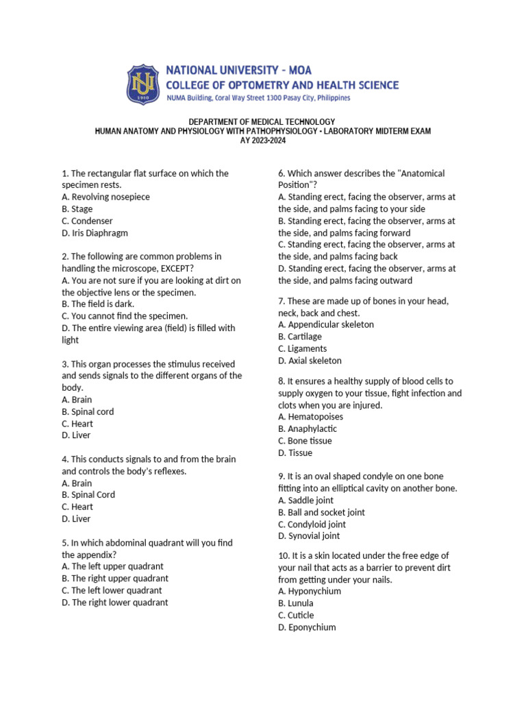 Anaphy Lab Midterm Exam | PDF