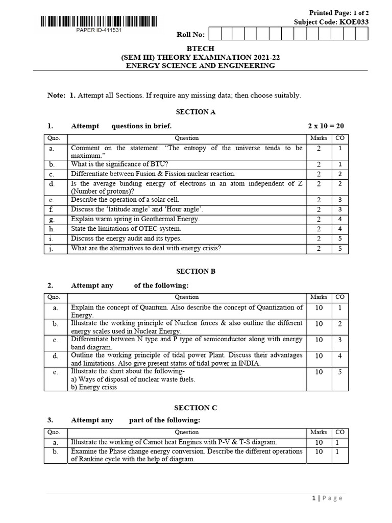 Energy Science and Engineering Koe 033 | PDF