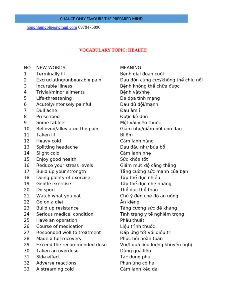 Vocabulary Topic Health | PDF