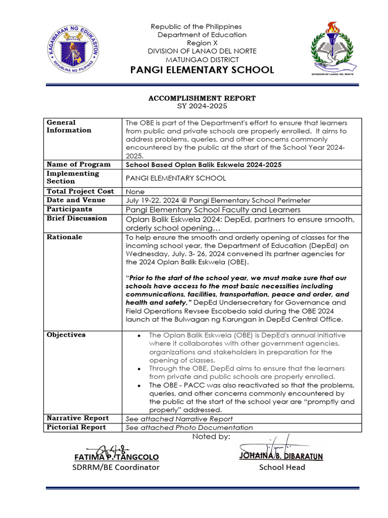 @ACCOMPLISHMENT-REPORT-OPLAN BALIK ESKWELA 2024-2025a | PDF