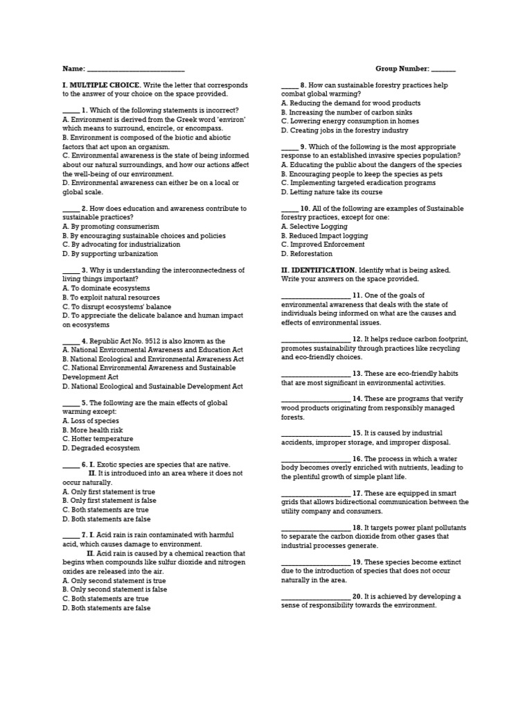 Environmental Awareness Quiz | PDF