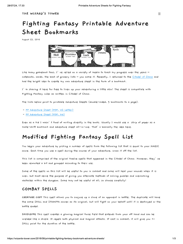 Printable Adventure Sheets For Fighting Fantasy | PDF
