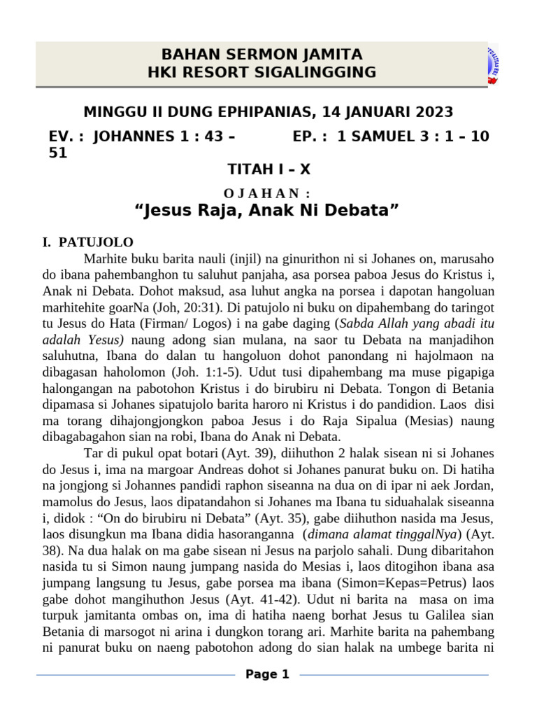 "Jesus Raja, Anak Ni Debata": Bahan Sermon Jamita Hki Resort Sigalingging | PDF