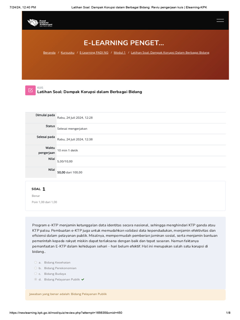 Latihan Soal - Dampak Korupsi Dalam Berbagai Bidang - Reviu Pengerjaan Kuis - Elearning-KPK | PDF