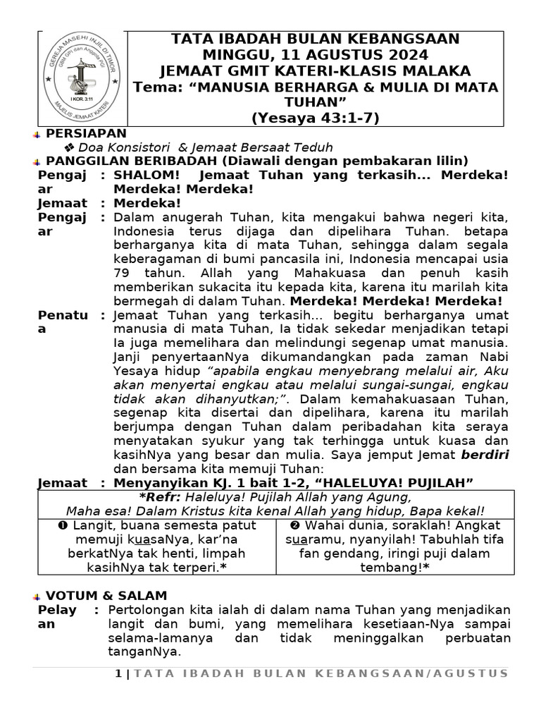 Tata Ibadah Minggu 11 Agustus 2024-Gmit Kateri | PDF