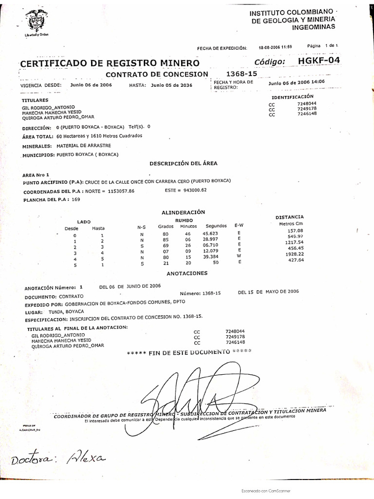 Certificado de Registro Minero HGKF-04 | PDF