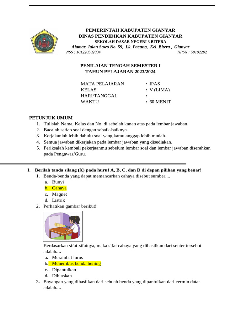 Soal Pts Ipas SMT I 2023-2024 Bahan | PDF