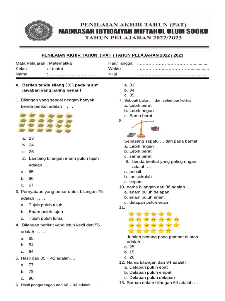 Soal PAS MATEMATIKA KELAS 1 | PDF