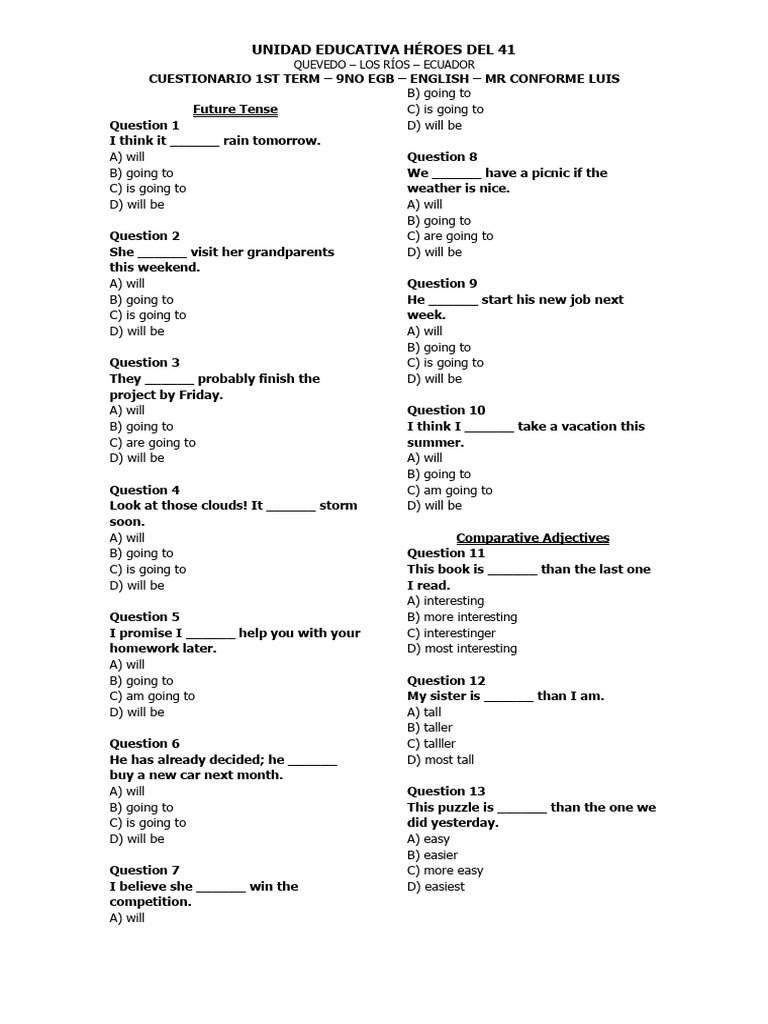 Cuestionario 1er Trim 9no Año EGB | PDF