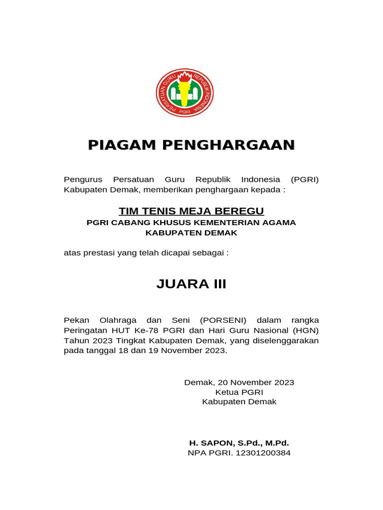 Piagam Lomba Tenis Meja | PDF