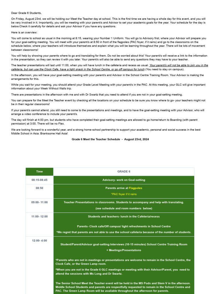 Grade 6 Meet The Teacher Schedule | PDF