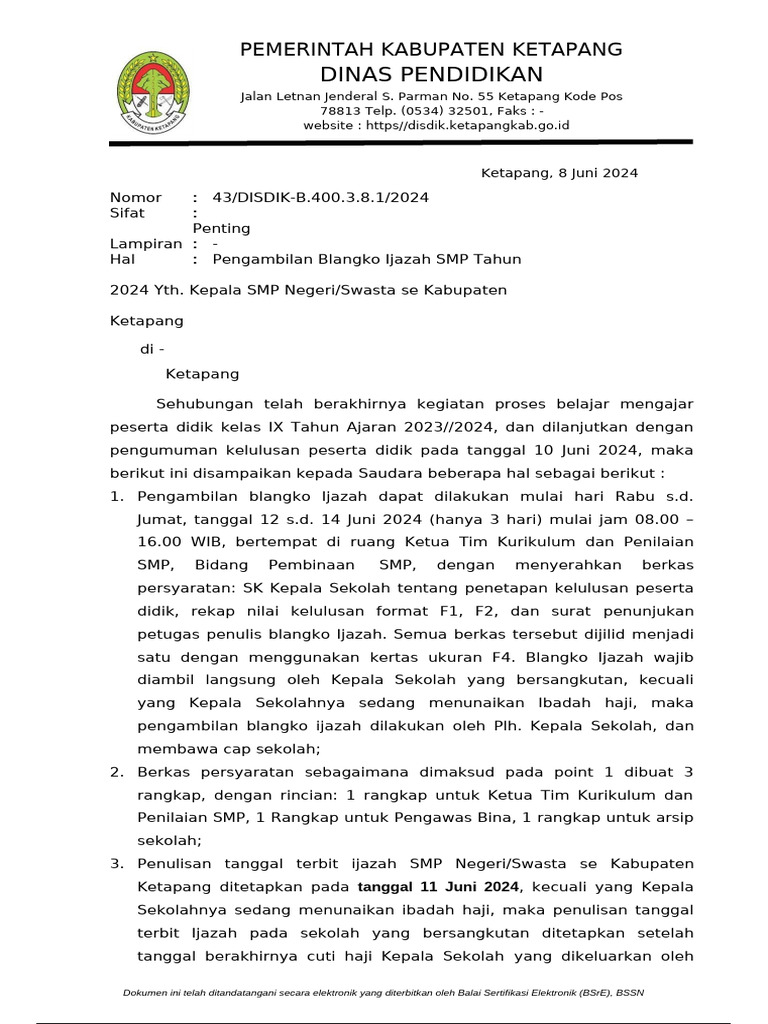 SURAT DINAS - Pengambilan Blangko Ijazah SMP T.A. 2023-2024 | PDF