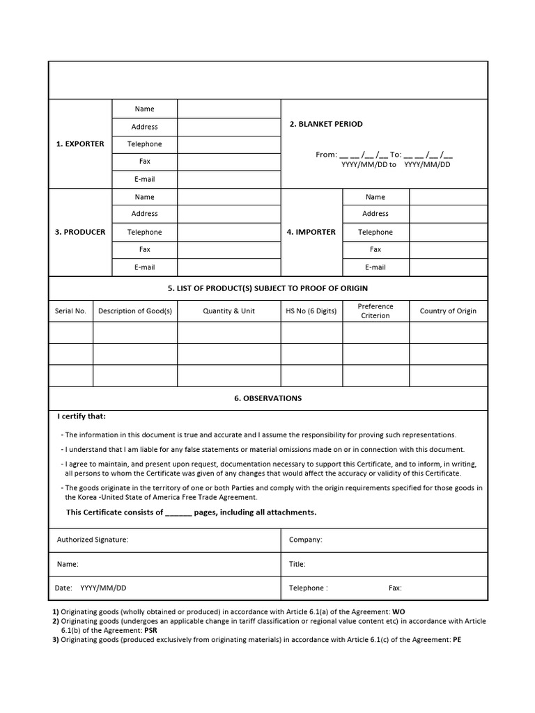 Certificate of Origin Form For Korea-US FTA | PDF